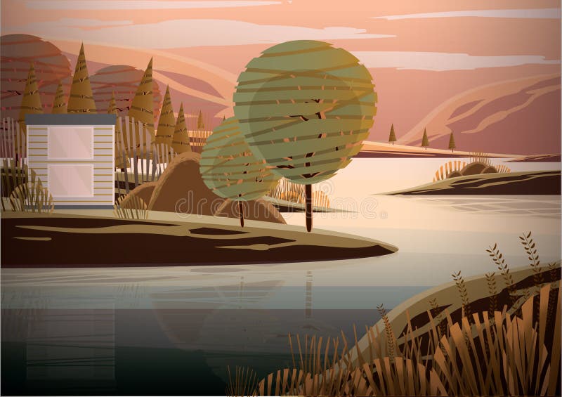 River Landscape. Vector Illustration Decorative Design Stock Vector ...