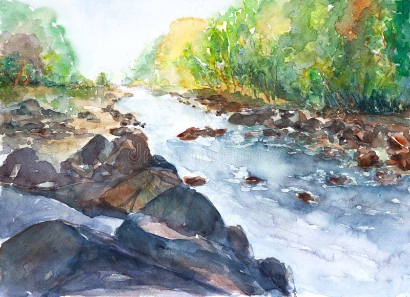 River Landscape Watercolor Painted Stock Illustration - Illustration of ...
