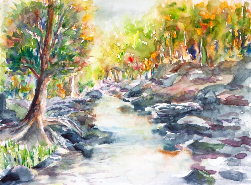 River Landscape Watercolor Painted Stock Illustration - Illustration of ...