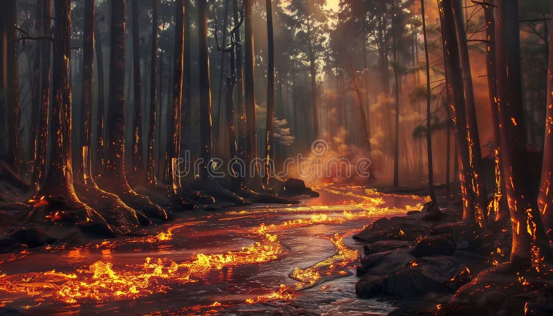 A River of Lava Flowing through a Forest of Fire Trees. Generative AI ...