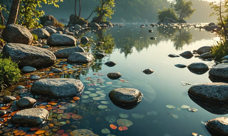 A River with a Lot of Rocks and Lily Pads in the Water. Stock ...