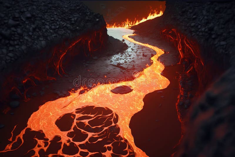 River of Magma in a Cave Full of Lava Stock Illustration - Illustration ...