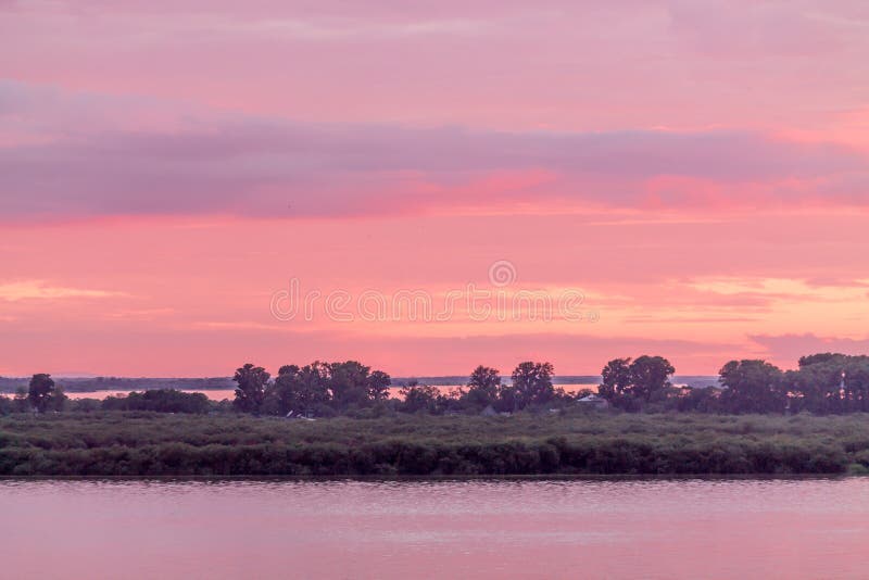 River and Meadows Landscape during Pink Summer Sunset Stock Image ...
