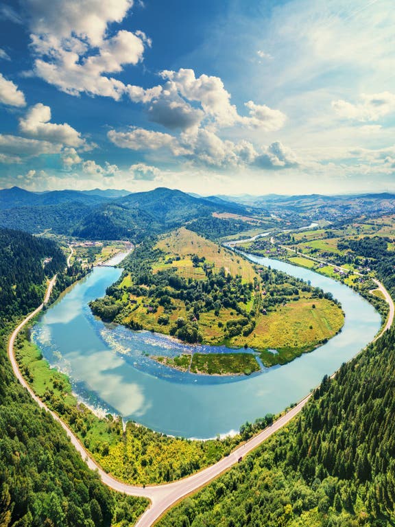 River Meander in a Mountain Valley in Summer. Drone View Stock Image ...