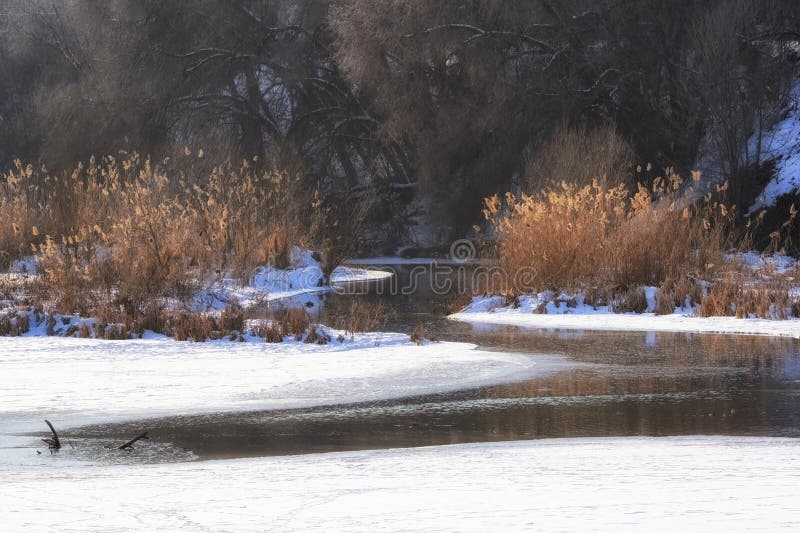 The River Meanders among the Snow on a Sunny March Day in Early Spring ...