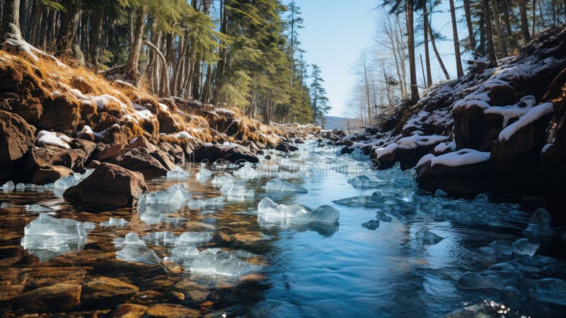 A River of Melting Ice Flows through a Forest. Created with Generative ...