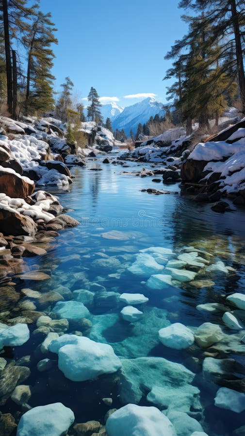 A River of Melting Ice Flows through a Forest. Created with Generative ...