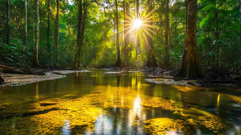 A River in the Middle of a Lush Green Forest with the Sun Shining ...