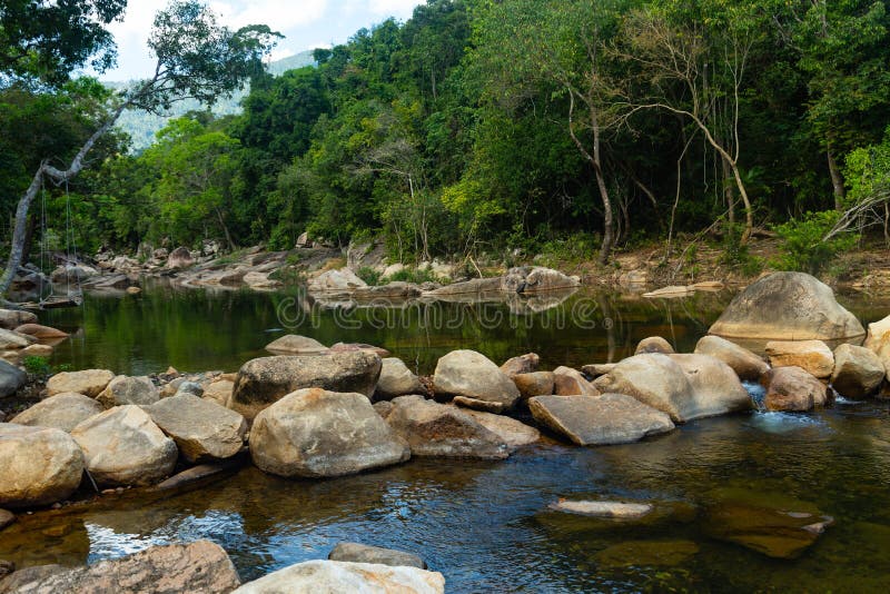 River in the Middle of Rocks and Trees at Ba Ho Waterfalls Cliff in ...