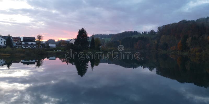 River Mirror Houses Evening Sunset Autumn Fall Stock Photo - Image of ...
