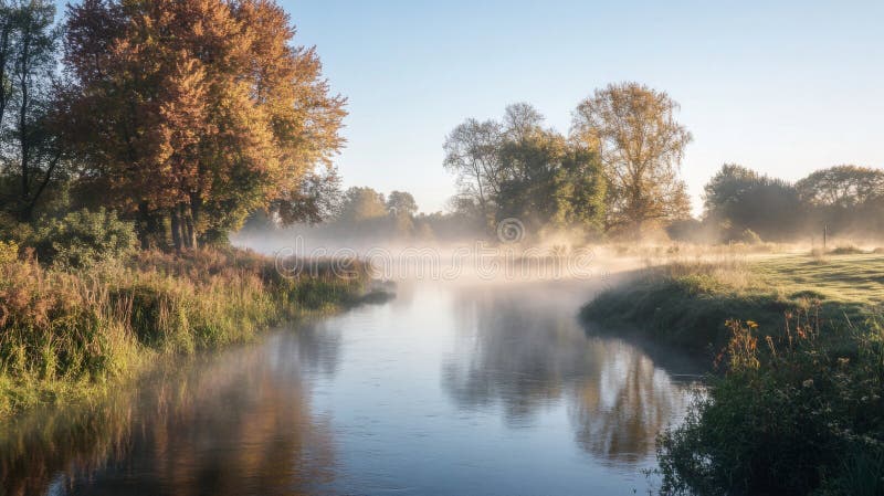 A River Mist Shrouded by Autumn Trees Stock Illustration - Illustration ...