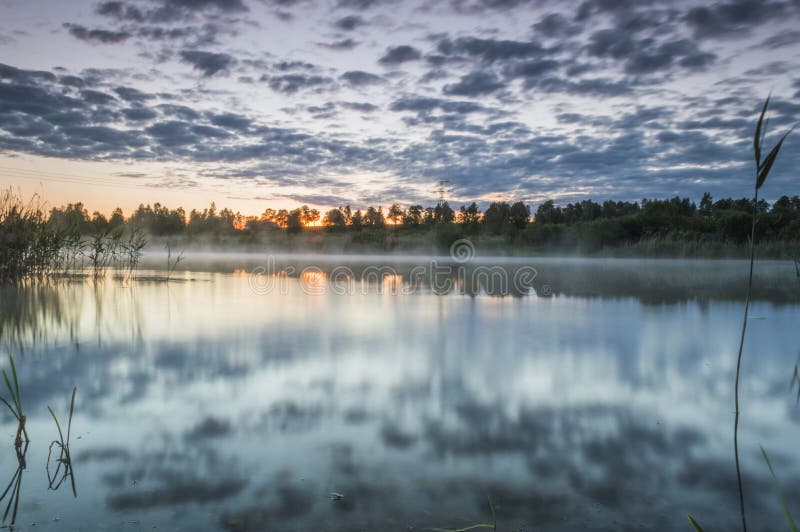 River with mist and sunset stock image. Image of summer - 78877711