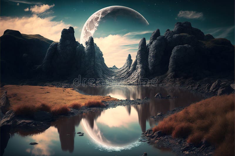 The River with the Moon. Bizarre Landscape Conceptual Visual Art ...