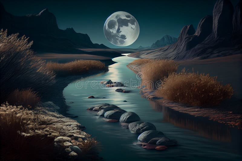 The River with the Moon. Bizarre Landscape.generative Ai Stock ...