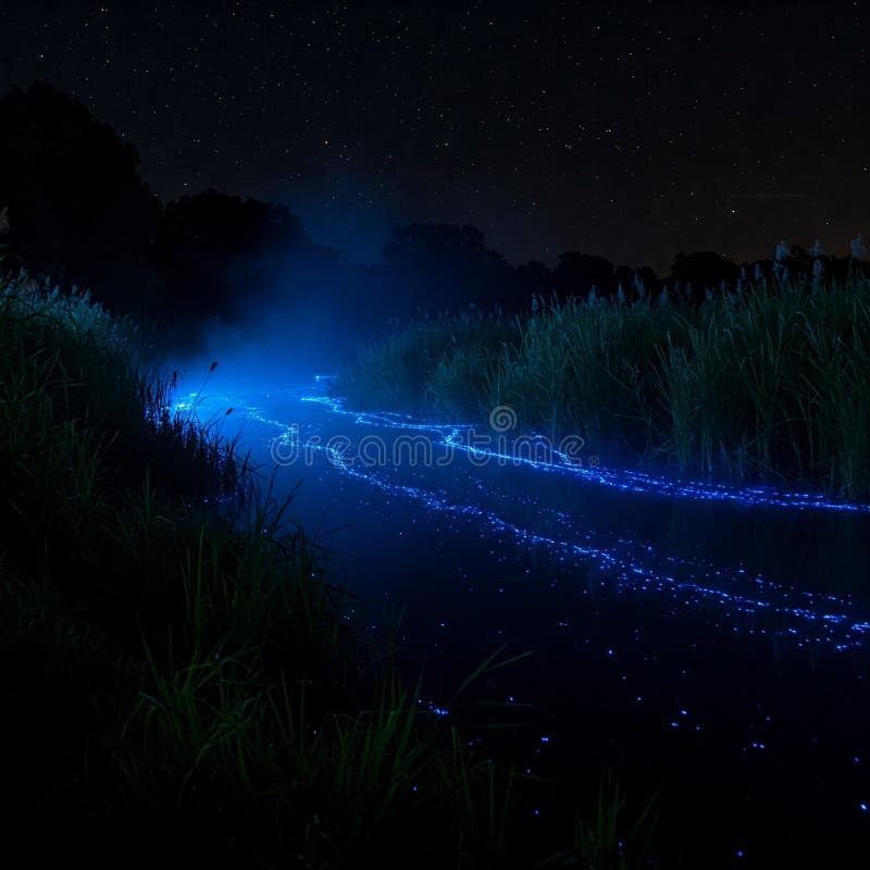 A River at Night with a Bioluminescent Effect Emanating from the Water ...