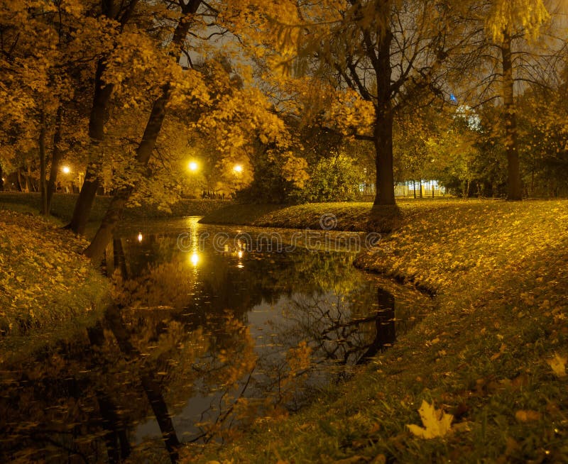 Park at Night. Flooded River Stock Photo - Image of landscape, lawn ...