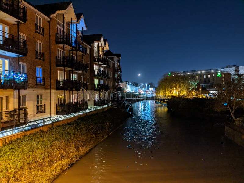River at Night Romantic Colourful Stock Photo - Image of town, landmark ...