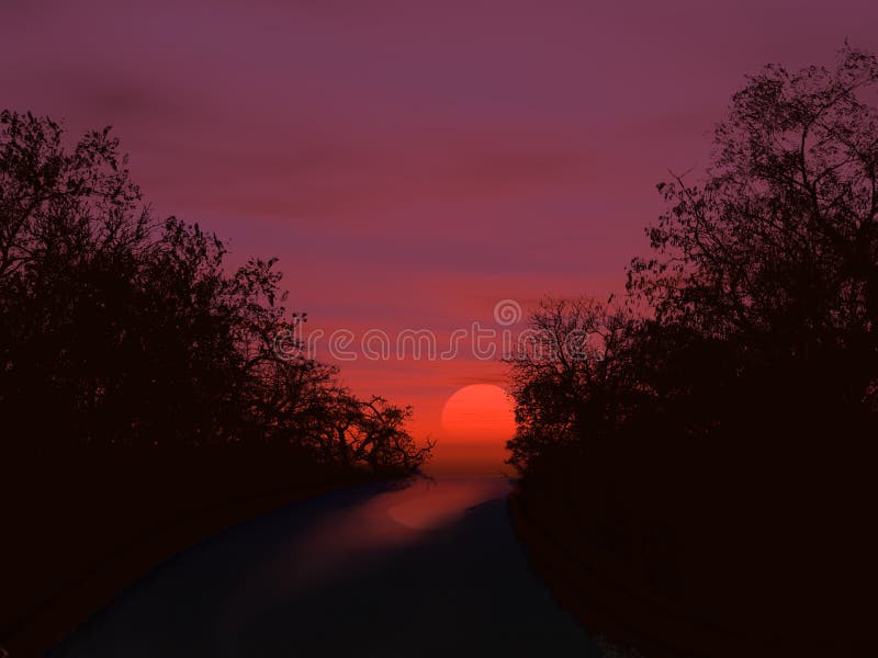 River over setting sun stock illustration. Illustration of light - 1931153