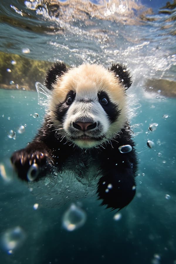 River Panda Bear Swimming Deep Bubbles Coming Mouth Paw Open Eye Stock ...