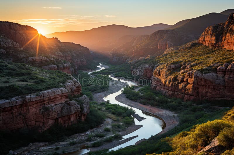 River Path Amidst Canyon Twilight, Sunrise and Sunset Wallpaper Stock ...