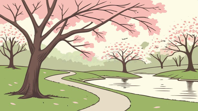 River Path through Spring Trees, Fresh Nature Landscape Vector Design ...