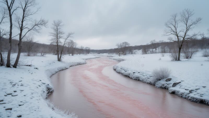 A River with Pink Water Flowing through a Snowy Landscape Stock ...
