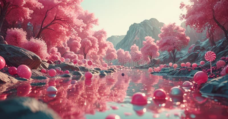 A River with Pink Water and Pink Balls is Shown in this Image. the ...