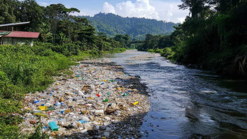 A River Polluted with Plastic Waste and Debris Stock Illustration ...