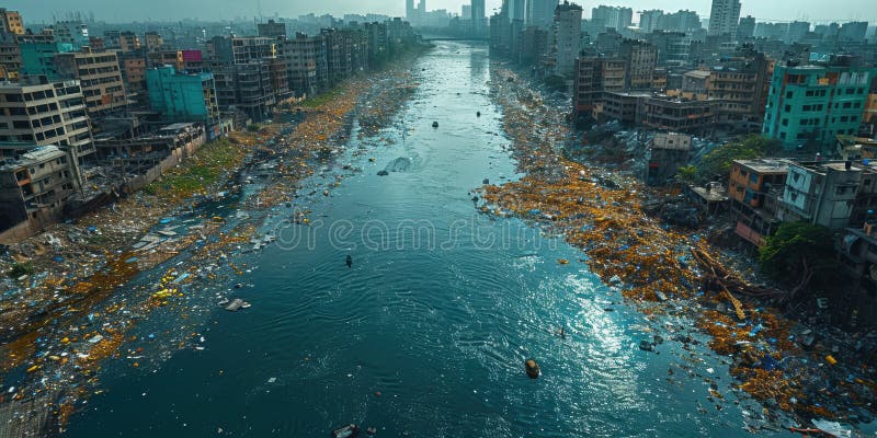 River Pollution in a Dense City. Created by Generative Artificial ...