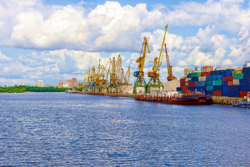 River Port Large Cranes we and Containers Standing in a Row Editorial ...