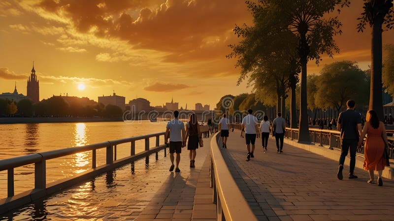 A River Promenade, Where People Stroll Under a Dramatic Stock ...