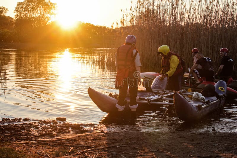 River Rafting on Catamaran during Sunset. Rafting on the Southern Bug ...