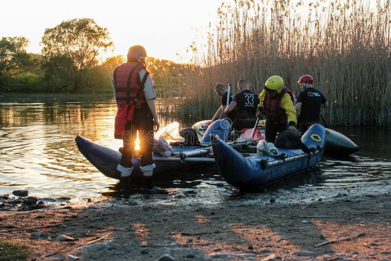 River Rafting on Catamaran during Sunset. Rafting on the Southern Bug ...