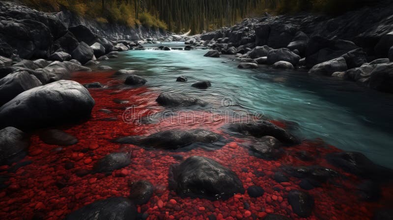 A River with Red Rocks in it and a Forest in the Background Stock ...