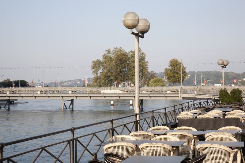 River Rhone and Bergues Bridge; Geneva Stock Image - Image of cafe ...