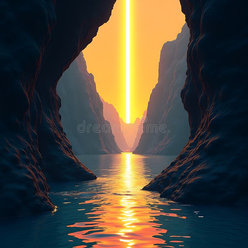 River between Rock Formations with Glowing Light Beam at Sunset Stock ...