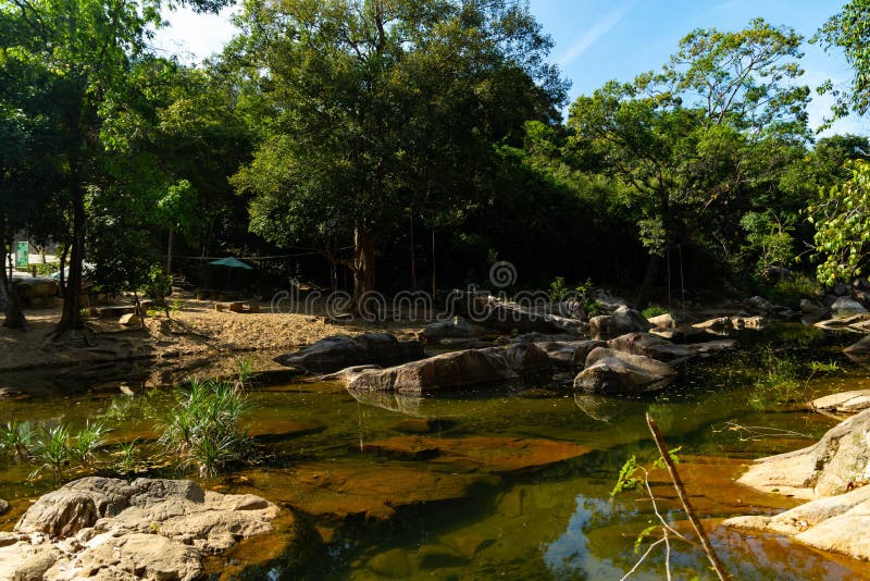 River with Rocks in the Middle of Trees at Ba Ho Waterfalls Cliff in ...