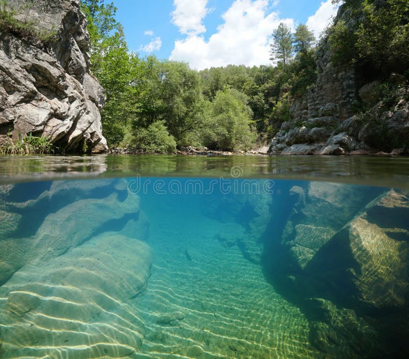 River with Rocky Riverbank Over and Under Water Surface Stock Photo ...