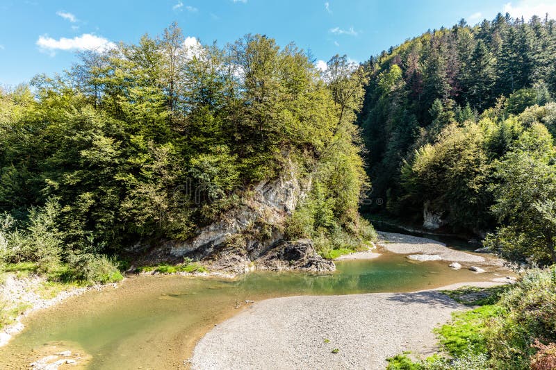 A River with a Rocky Shoreline and Trees in the Background Stock Photo ...