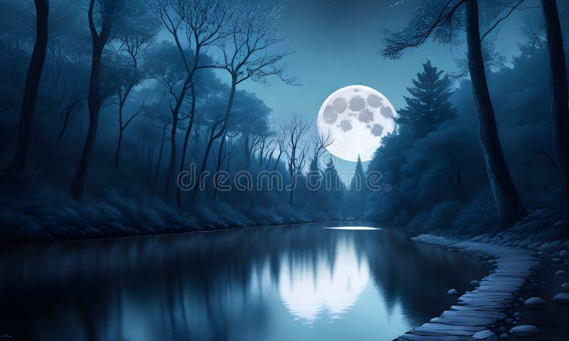 Dark Forest with a Full Moon in the Background, Concept Art, Conceptual ...