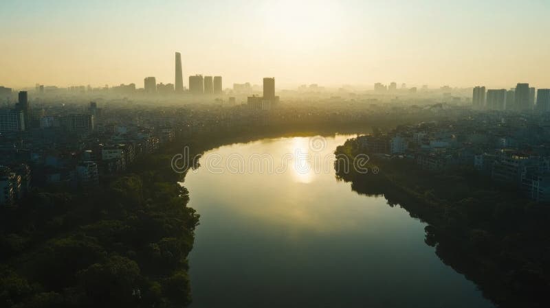A River Running through a City Next To Tall Buildings Stock ...