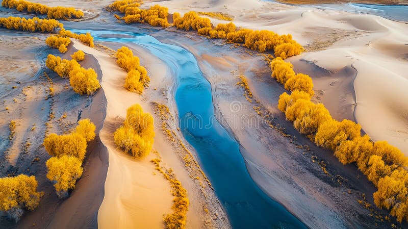 A River Running through a Desert Landscape with Yellow Trees Stock ...