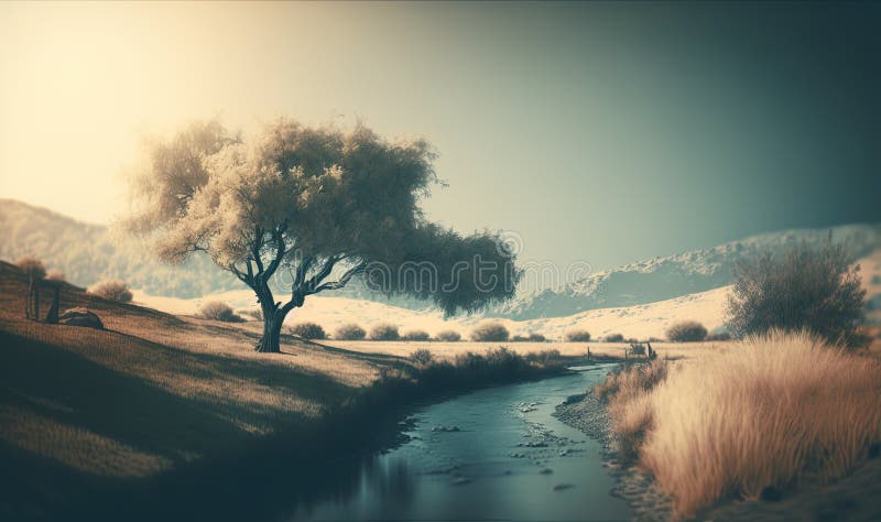A River Running through a Dry Grass Covered Field Next To a Tree Stock ...