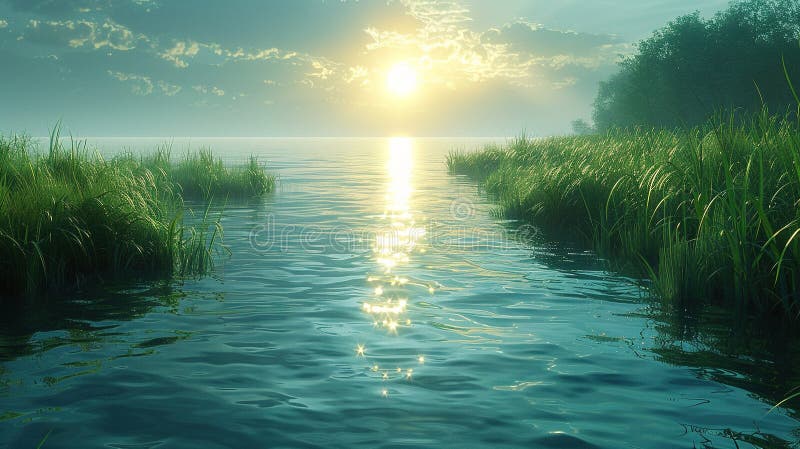 A River Running through a Field of Green Stock Illustration ...