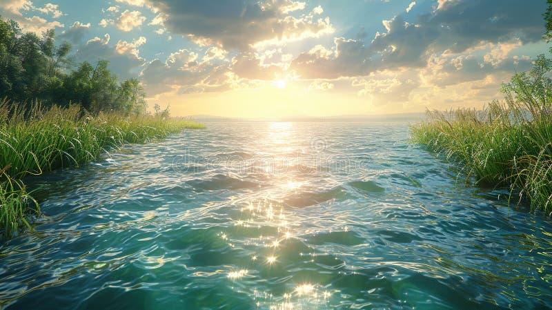 A River Running through a Field of Green Stock Illustration ...