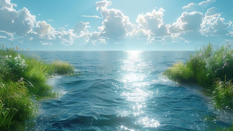 A River Running through a Field of Green Stock Illustration ...