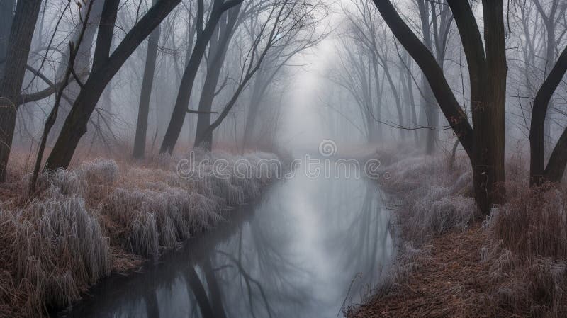 A River Running through a Foggy Forest Filled with Trees Stock ...