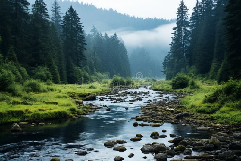 A River Running through a Forest with Rocks and Grass Stock ...