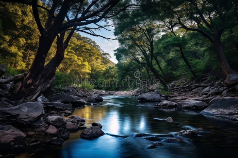 A River Running through a Forest with Rocks and Trees Stock ...