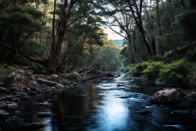 A River Running through a Forest with Trees and Rocks Stock ...